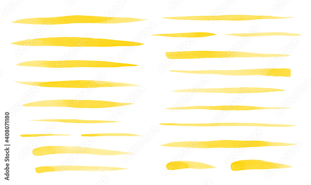 Collection of yellow watercolor brush strokes, uneven lines, stripes ...