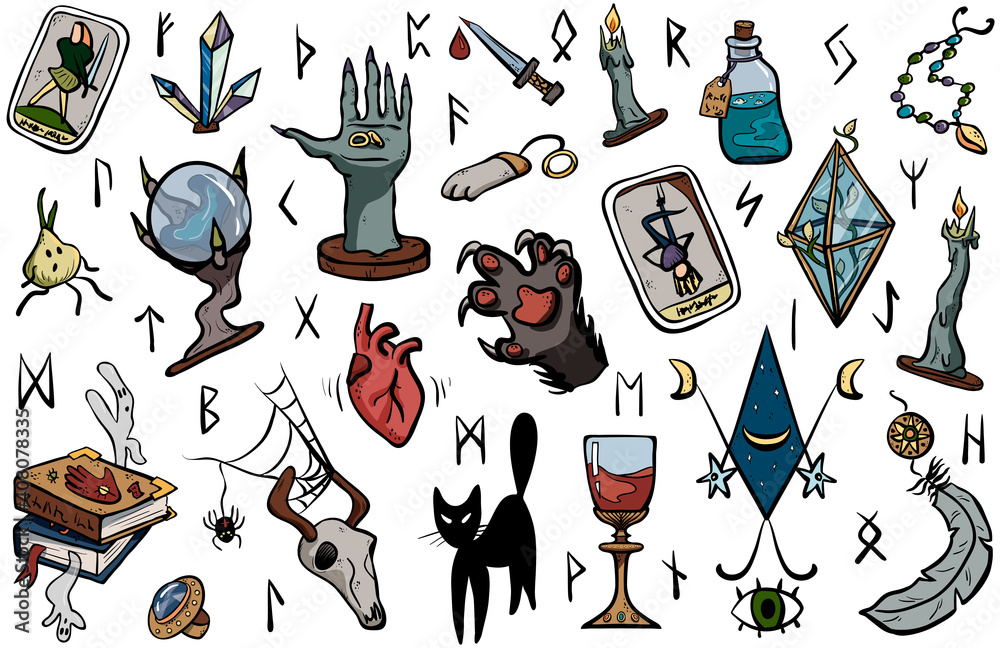 Hand drawn collection of magic objects for mysterious rituals, fortune ...