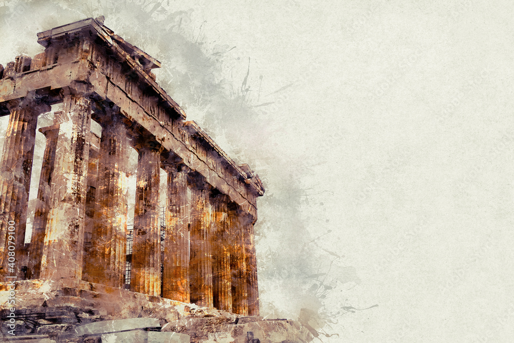Watercolor illustration of the Parthenon, the ruins of an ancient ...