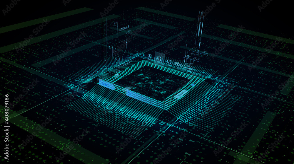 CPU Chip on Motherboard - abstract 3D render of a computer processor ...
