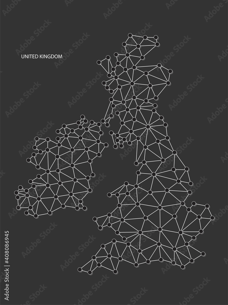 United Kingdom Map Point scales on black background. Wire frame ...