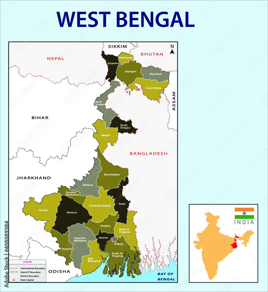 West Bengal map. Showing International and State boundary and district ... West Bengal map. Showing International and State boundary and district ...