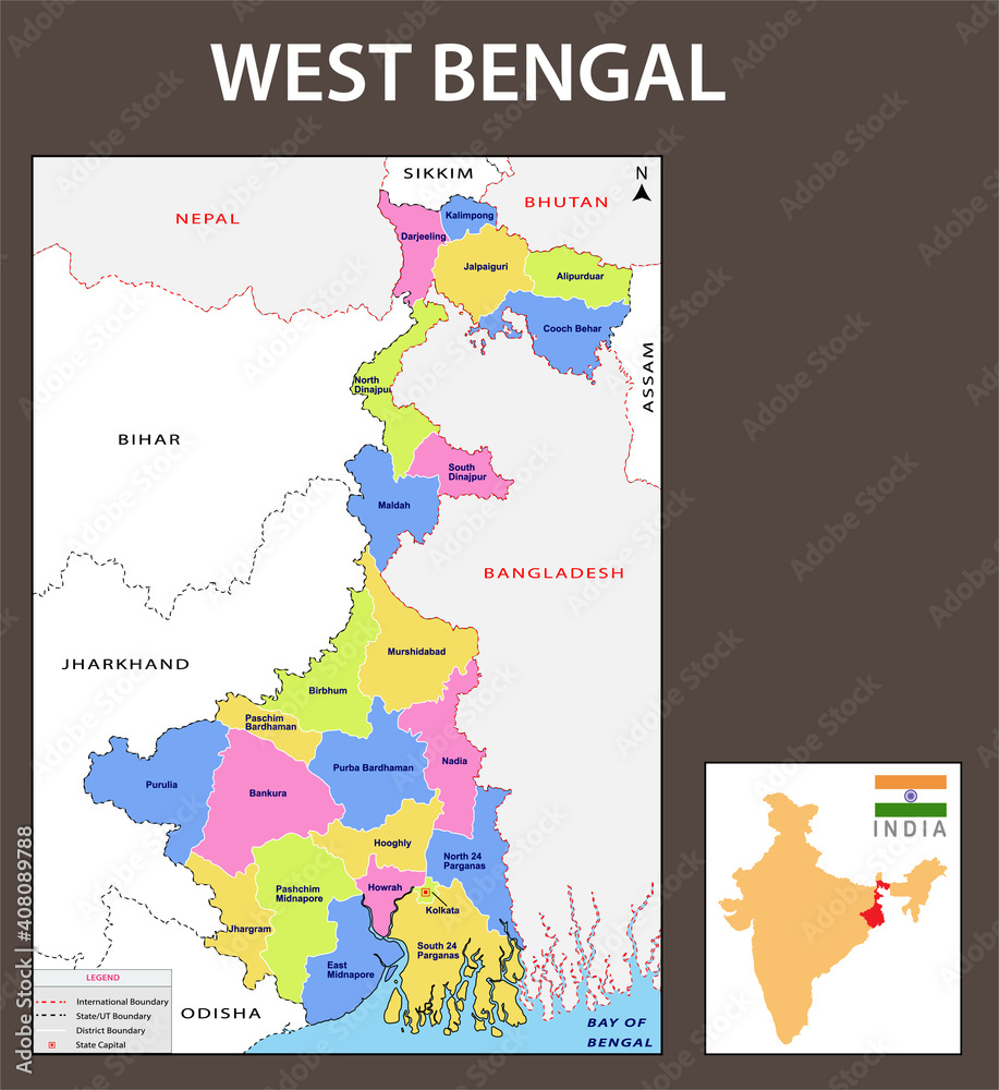 West Bengal map. Showing International and State boundary and district ...