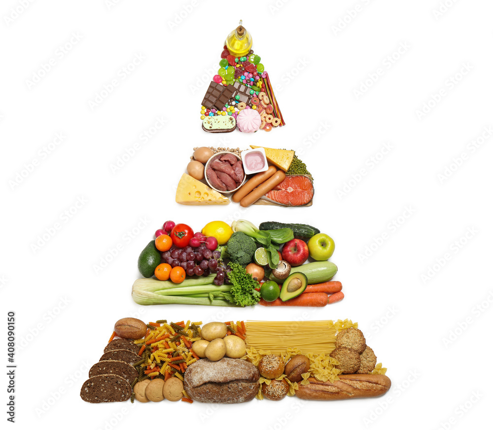Food pyramid on white background, top view. Healthy balanced diet Stock ...