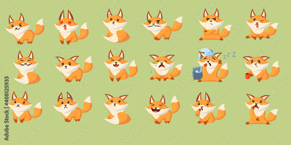 Funny cartoon red fox with set of various emotions. Cute baby animal ...
