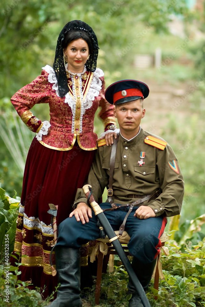 Russian soldier with his wife Stock Photo | Adobe Stock