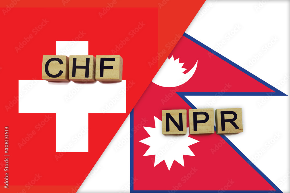 Switzerland And Nepal Currencies Codes On National Flags Background