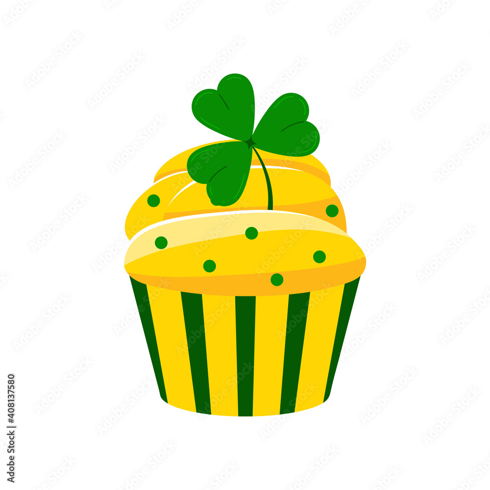 St Patrick cupcake with shamrock isolated on white background. Muffin ...