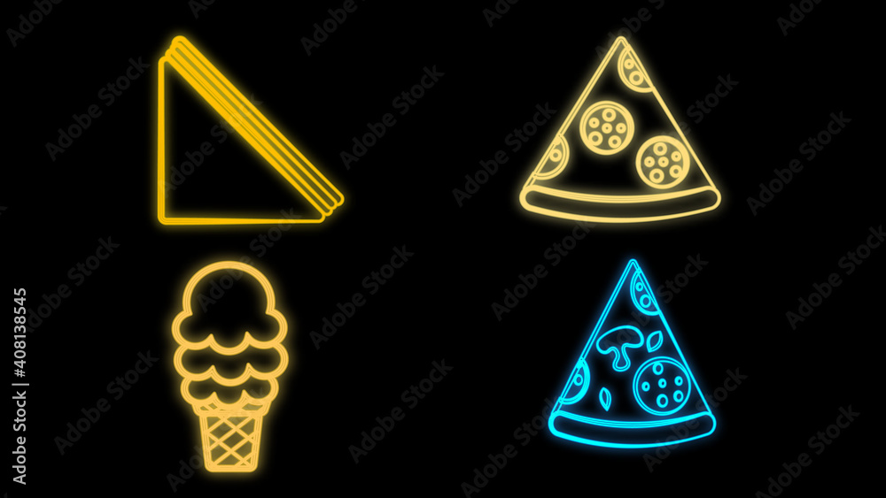 Neon fast food set, big set, pizza, french fries, burger, ice cream ...