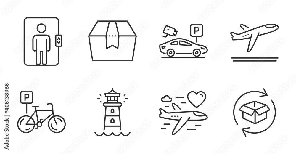 Honeymoon travel, Package box and Departure plane line icons set ...