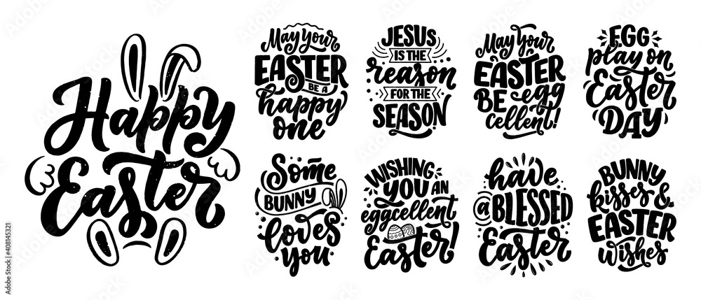 Set with calligraphy lettering slogans about Easter for flyer and print ...