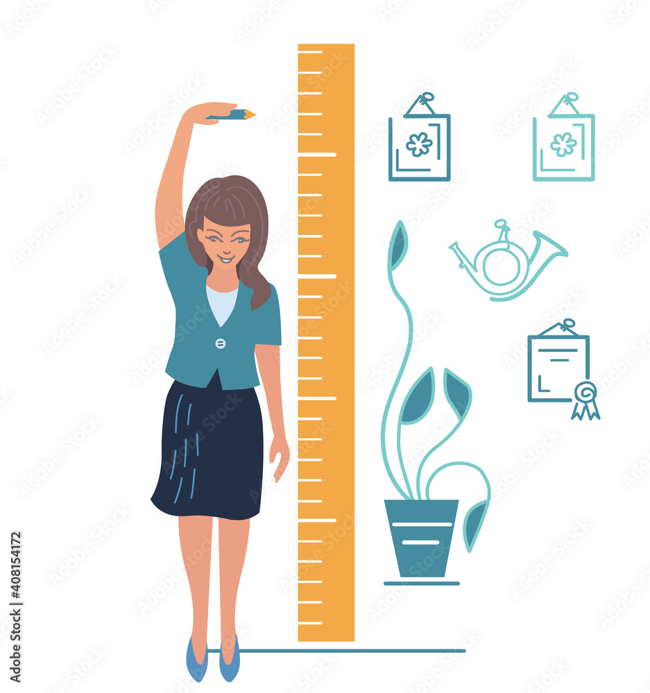 Girl measures her height with ruler and pencil. Personal growth, female ...