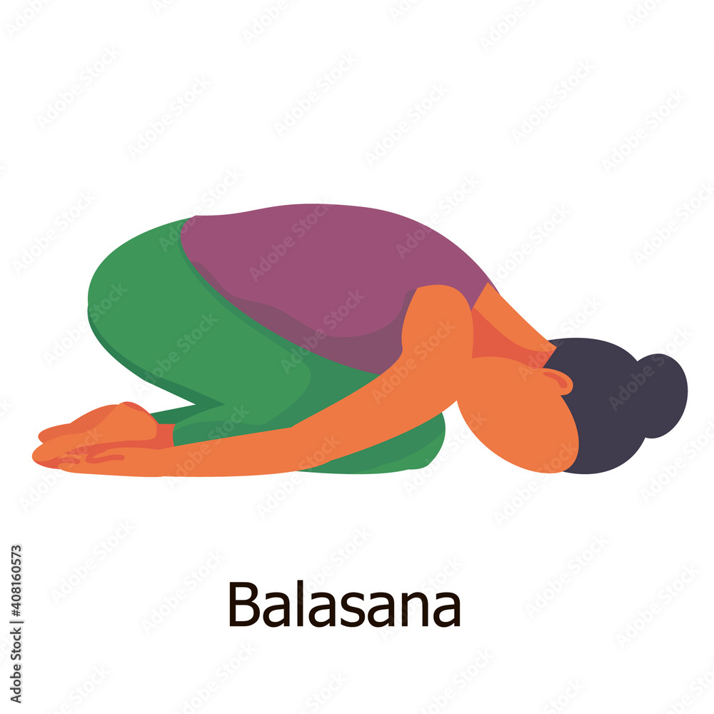 a dark-skinned girl performs the yoga pose "Balasana" (the childs pose ...