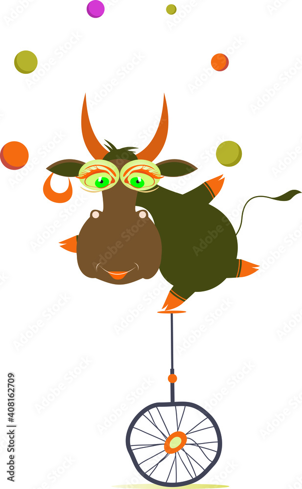 Equilibrist Cow Rides On The Unicycle And Juggles The Balls Illustration Cute Cow Balances On