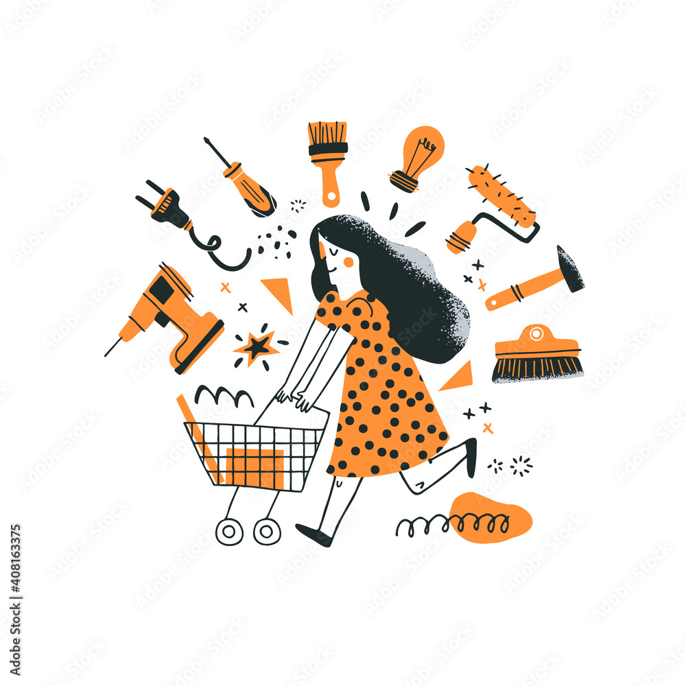 DIY store concept. Woman running with her shopping cart. Vector ...