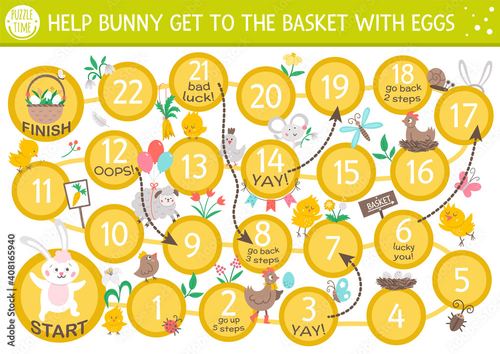 Easter dice board game for children with cute bunny and basket with ...