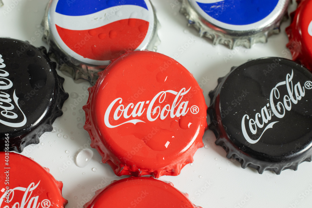 New York, USA - 1 January 2021: Coca Cola red bottle cap top view. Coca ...