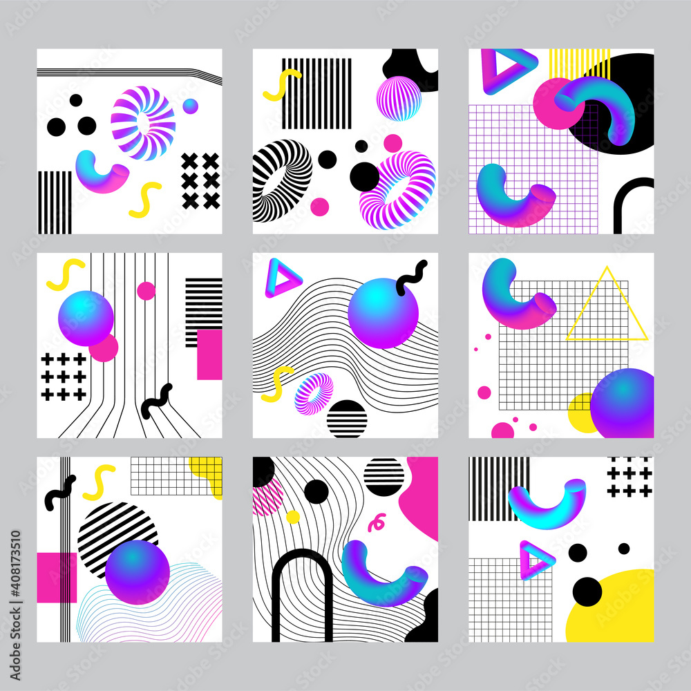 Vibrant 3d geometry and lines abstract collages set. Vector design for ...