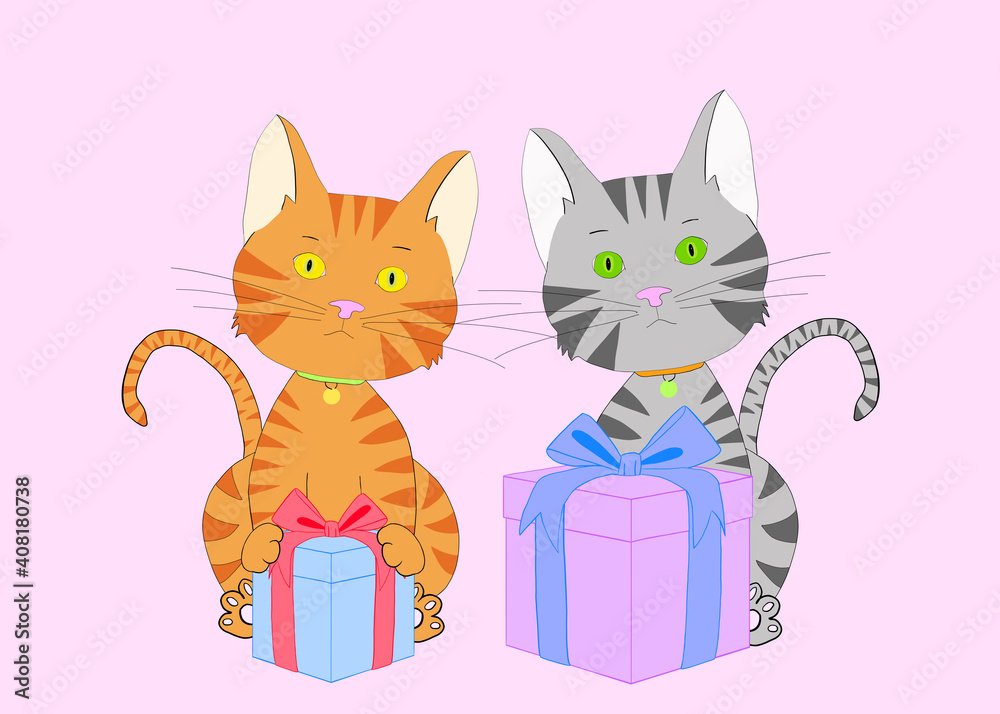 Illustration drawing of an orange tabby and a grey tabby kitten sitting ... Illustration drawing of an orange tabby and a grey tabby kitten sitting ...