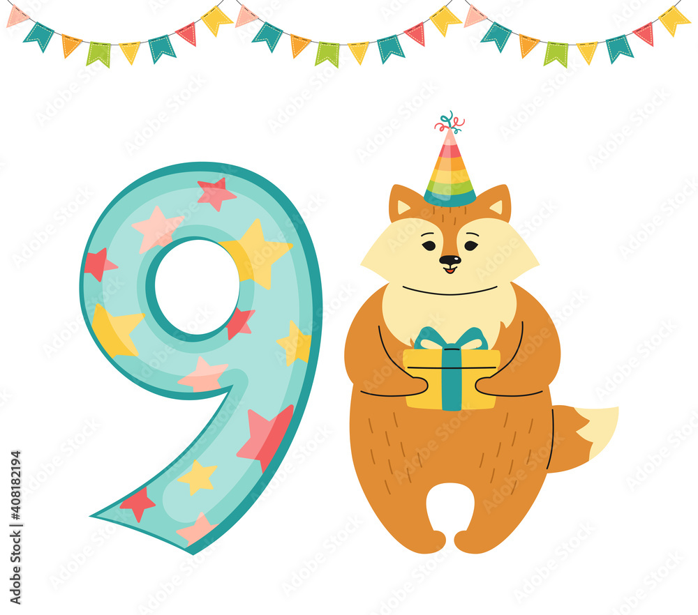 Greeting Happy Birthday card, Fox with number nine. Hand drawn red fox ...