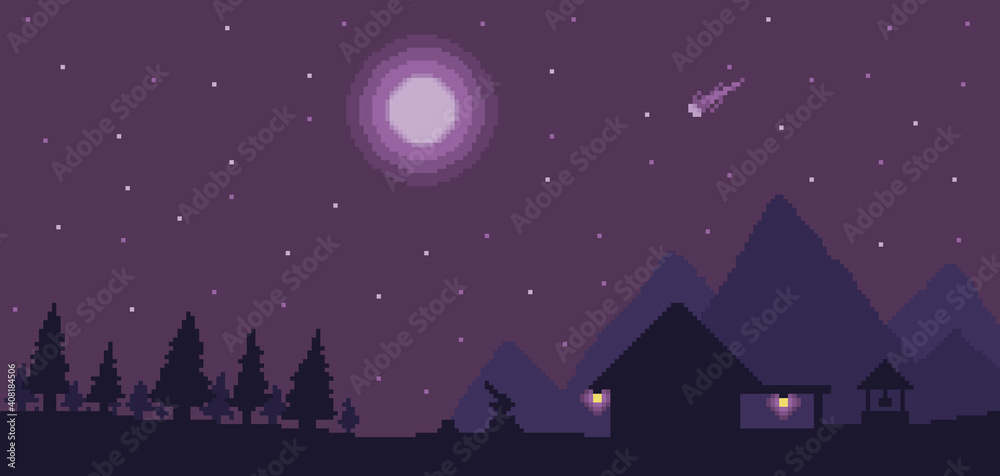 Pixel art lumberjack house background with pines and mountains in night ...