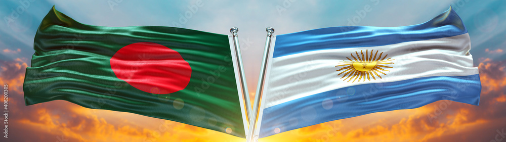 Argentina Flag and Bangladesh flag waving with texture sky Cloud and sunset Double flag Stock ...