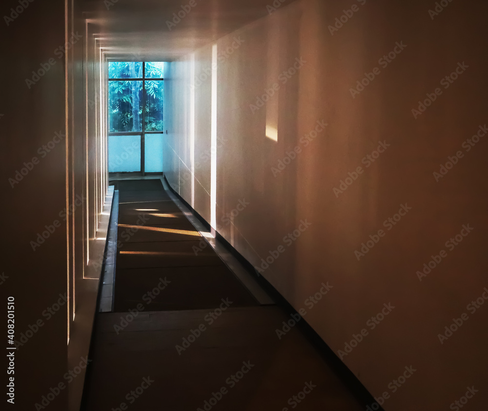 Perspective interior image of long corridor hall way ramp in the room ...