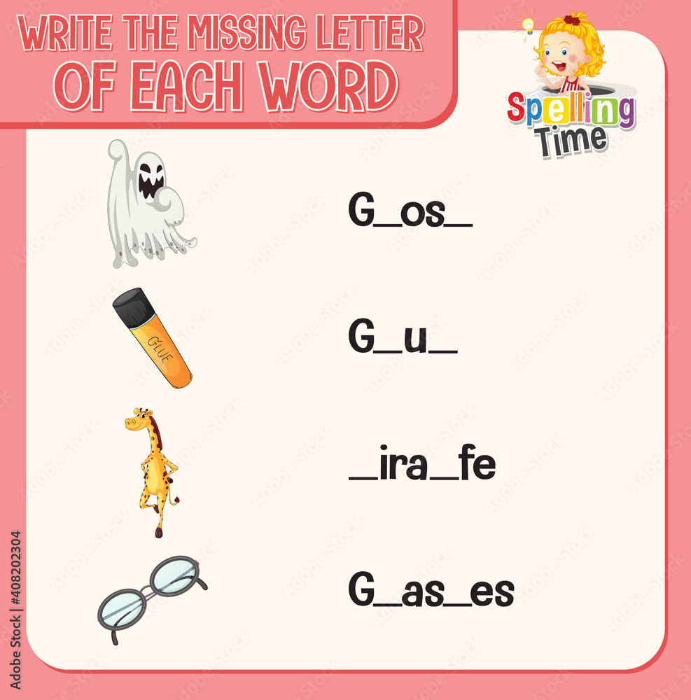 Write the missing letter of each word worksheet for children Stock ...