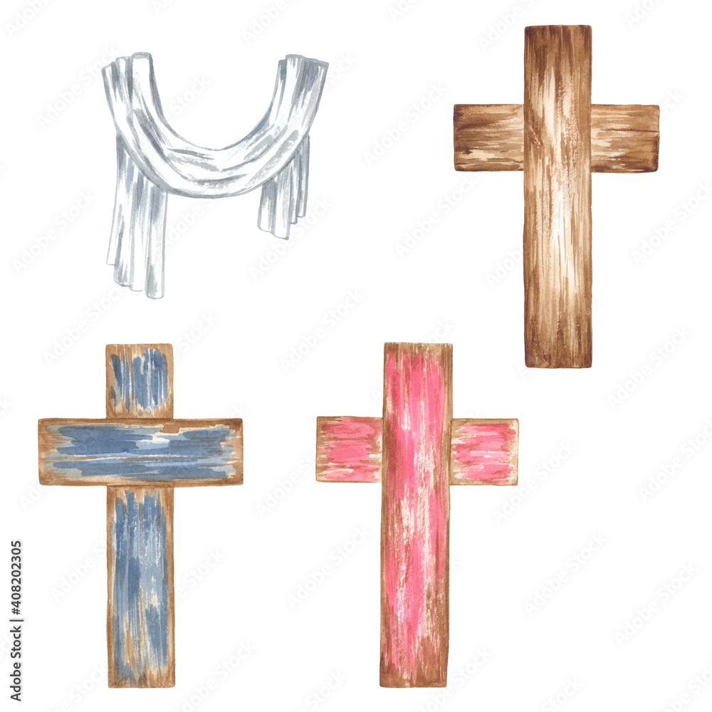 Watercolor set of painted crosses and shroud. Can be used in print ...