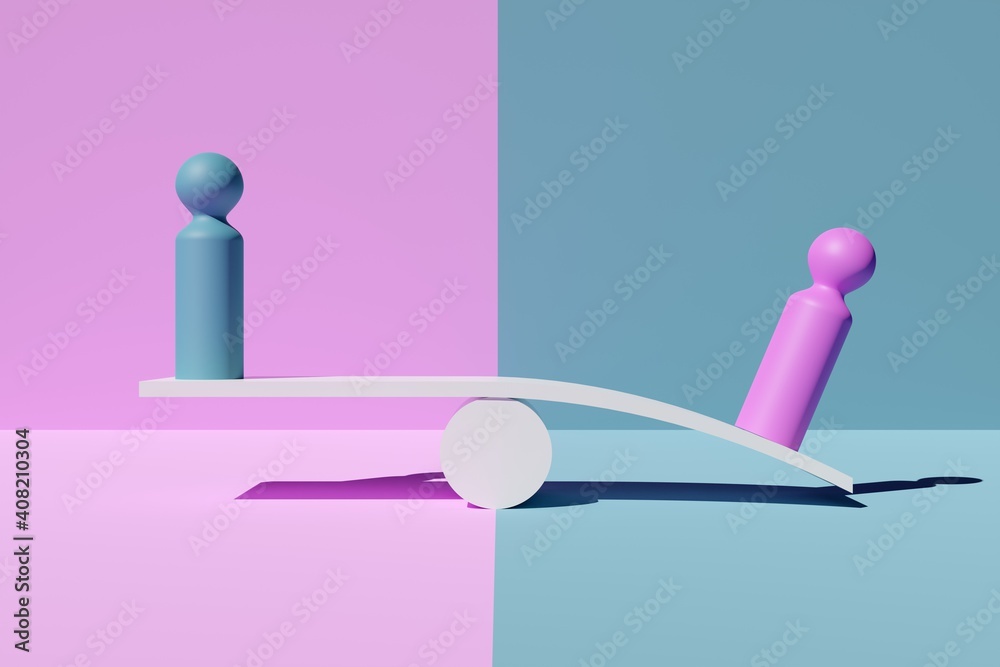 Blue and pink figures on scale in imbalance on pink and blue background ...