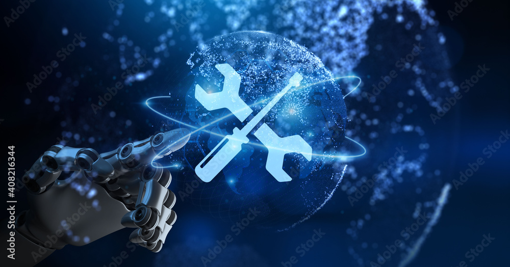 Technical support Customer service icon on screen. Robotic arm 3d ...