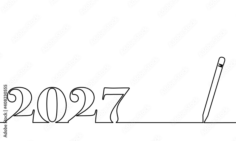 One line drawing style with a pen on the right and 2027 on the left ...