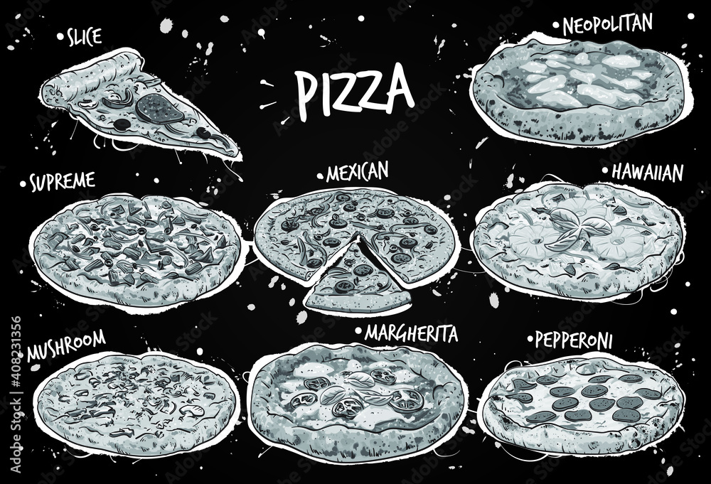 Hand drawn monochrome vector illustration of a Pizza menu including ...