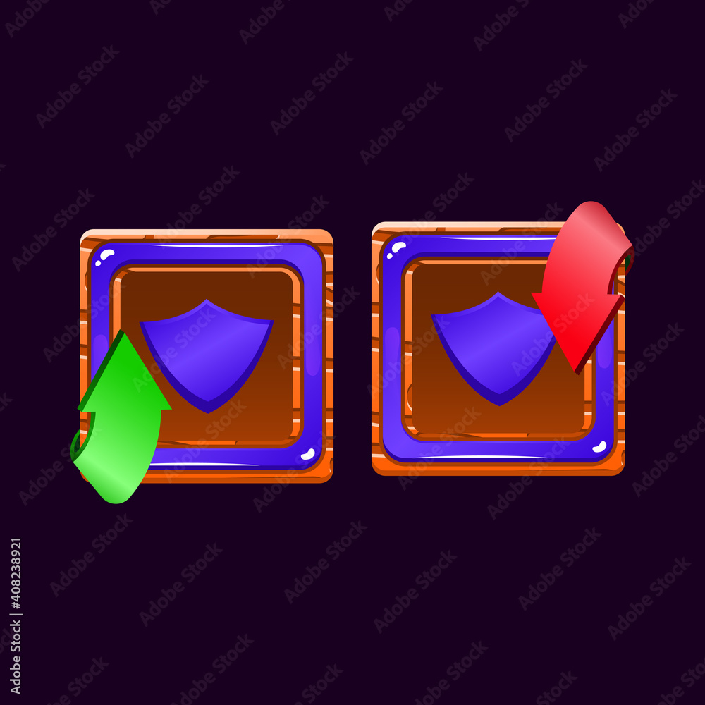 set of game ui wooden jelly magic power up with shield icon for gui ...
