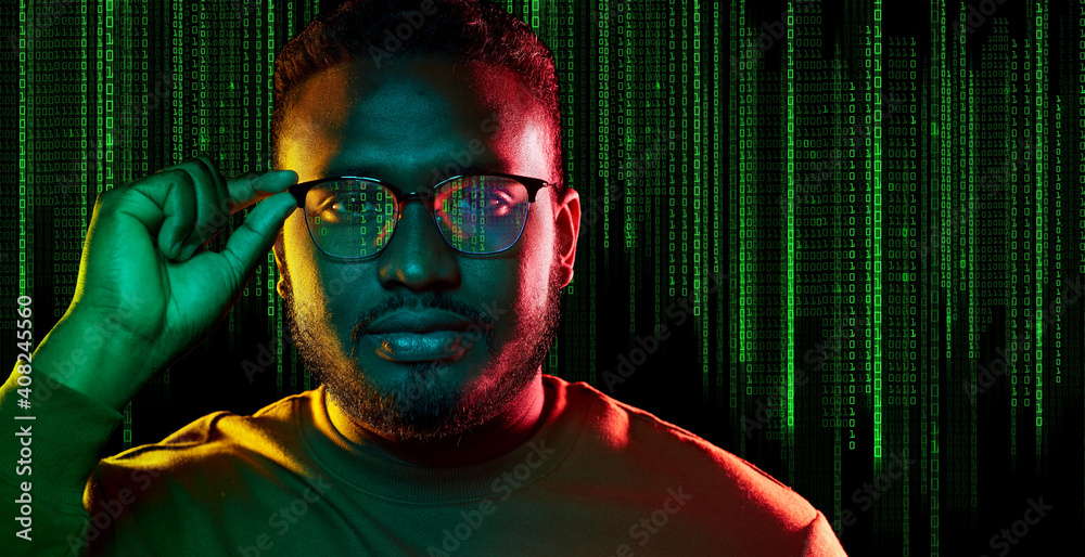 technology, cyberspace and programming concept - portrait of young african american man over ...