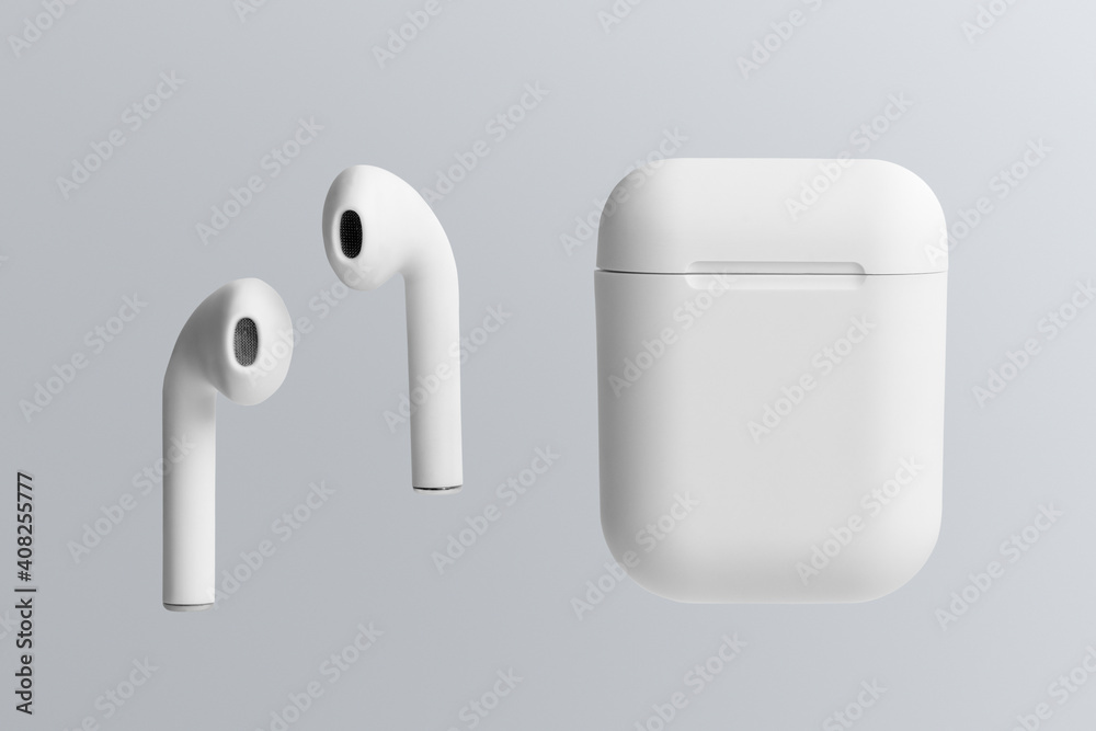 White wireless earbuds case mockup digital earphones Stock Photo ...
