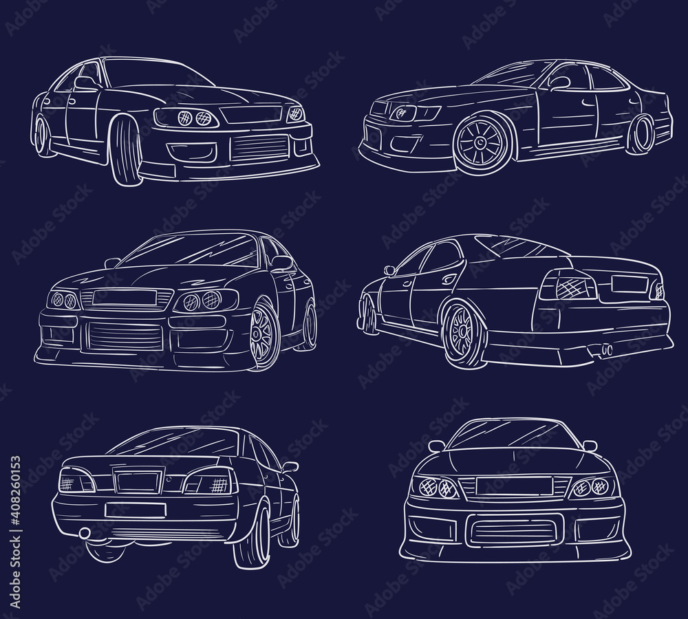 Vector car outline illustration. Set of magin sketch linear silhouette ...