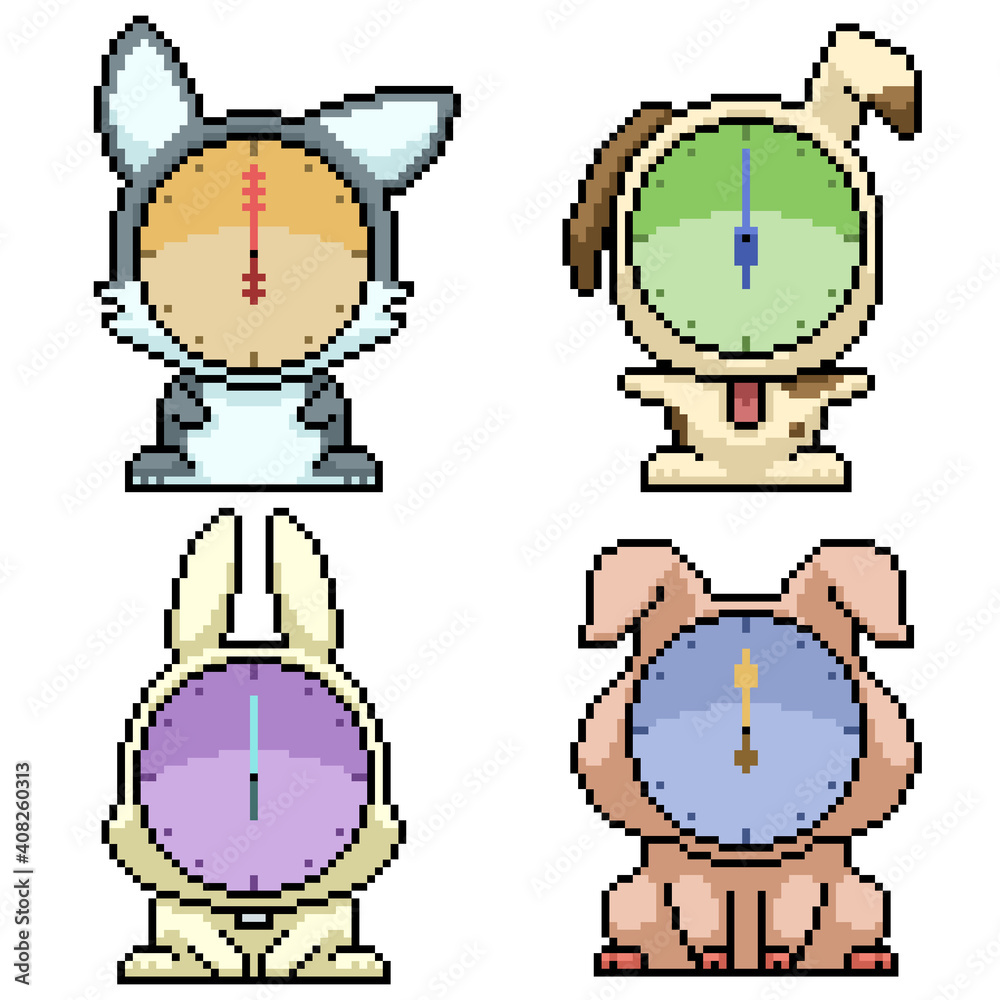 pixel art set isolated animal clock Stock Vector | Adobe Stock