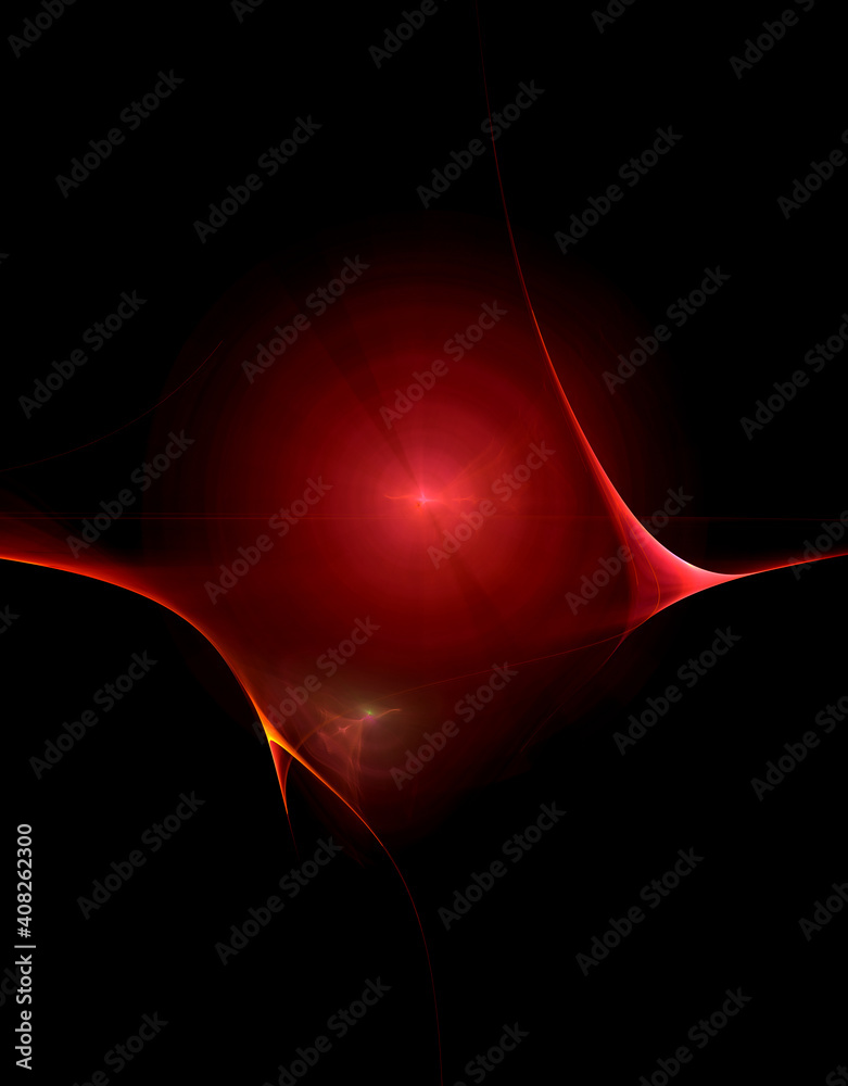 Abstract fictional composition in space. Red lens flare on black ...