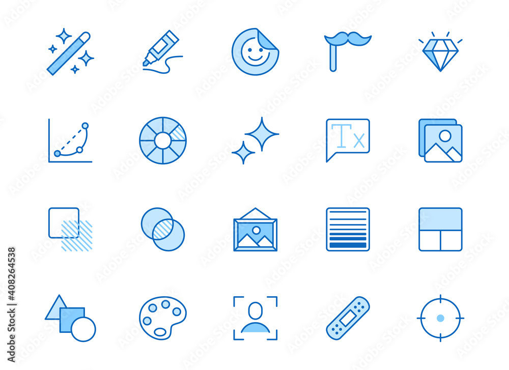 Photo edit line icon set. Image filter, add sticker, adjust curves ...