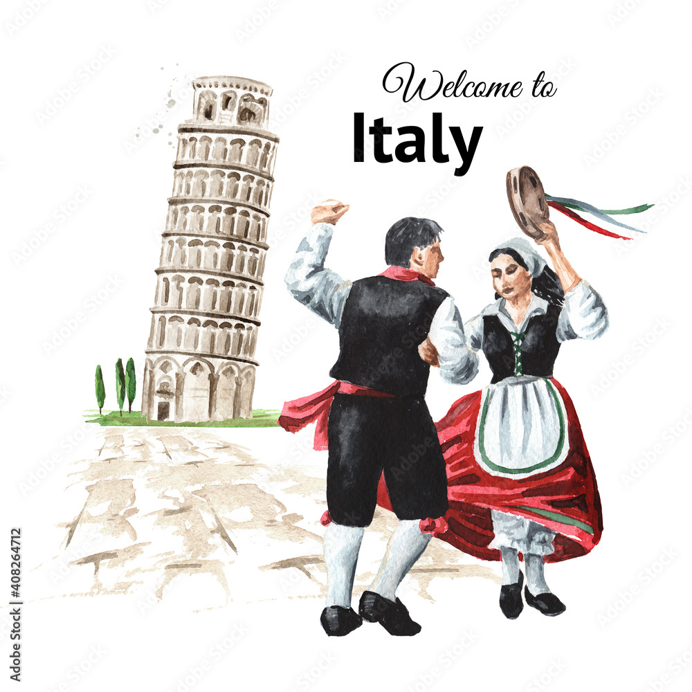 Welcome to Italy card. Italian folk dances. A couple of dancers in ...
