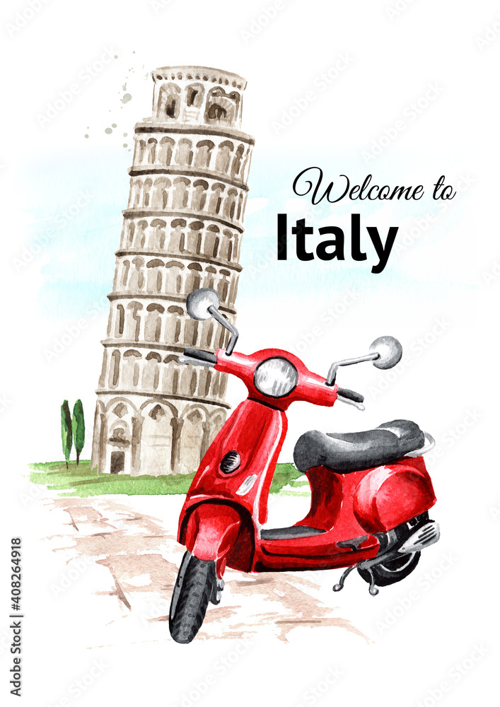 Welcome to Italy card. Red moped or scooter on the background of the ...