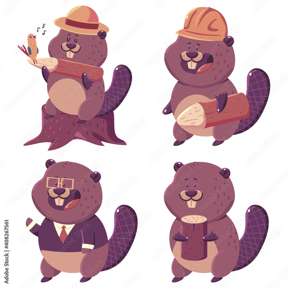 Cute beaver vector cartoon characters set isolated on a white ...