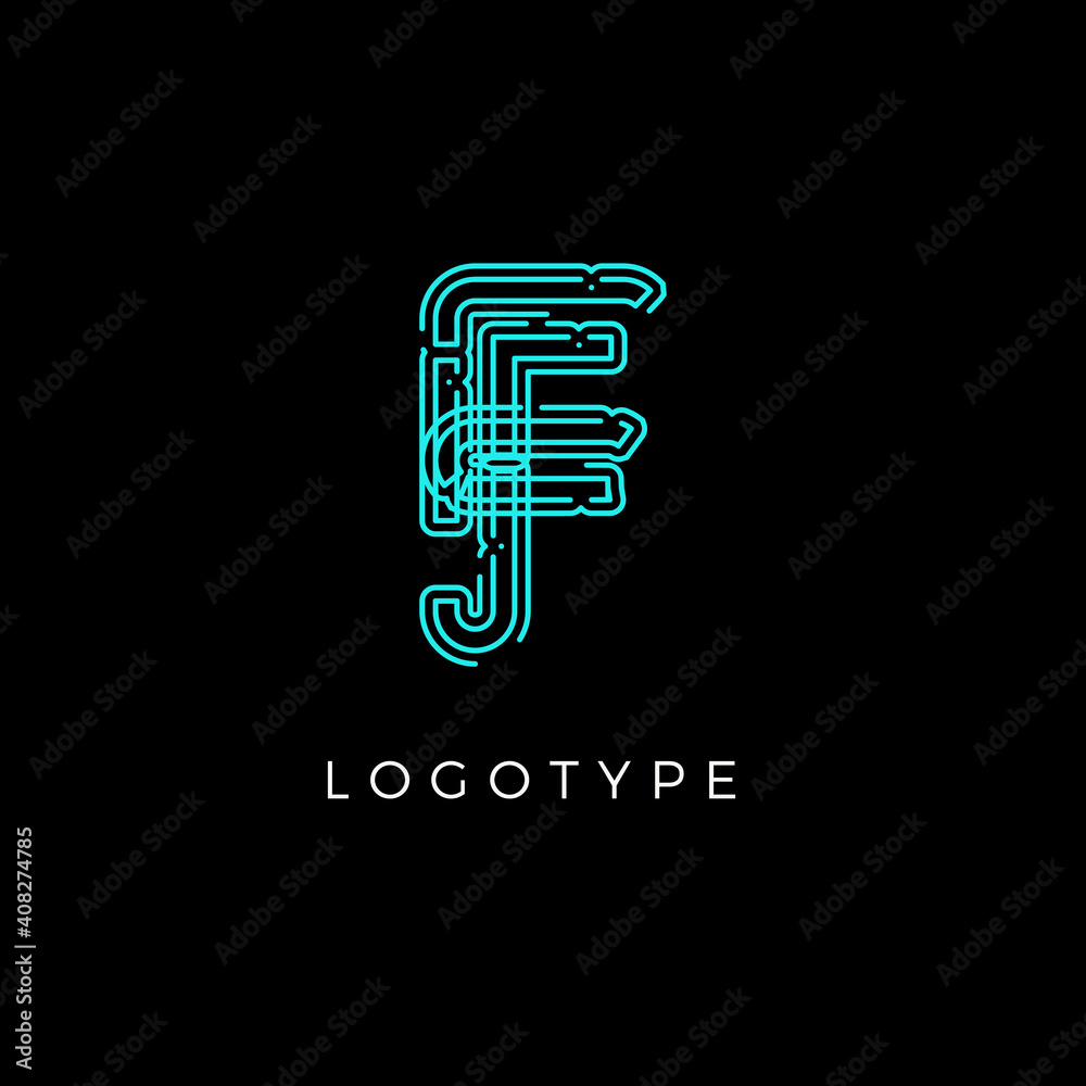 Cyber letter F for digital technology logo concept. Contour circuit ...