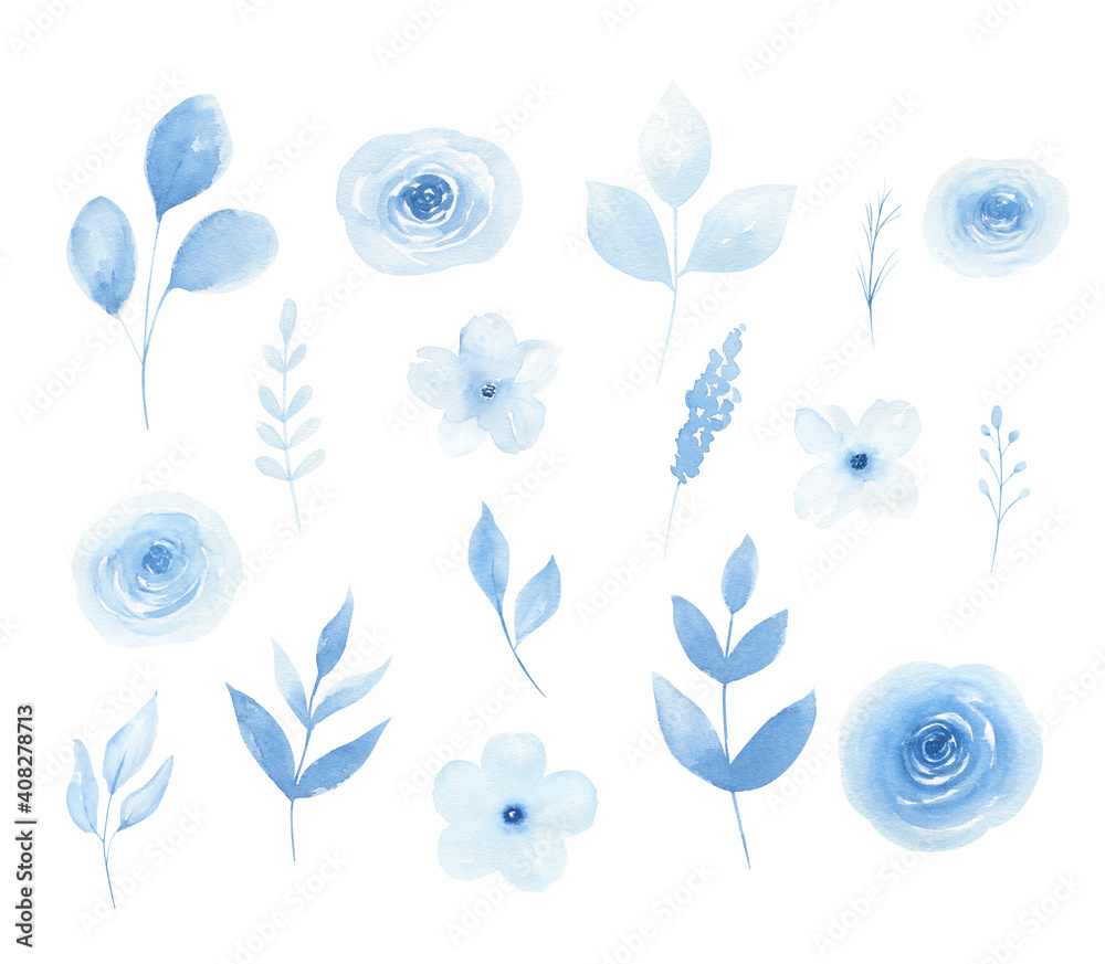 Watercolor blue floral abstract flowers, leaves set isolated on white ...