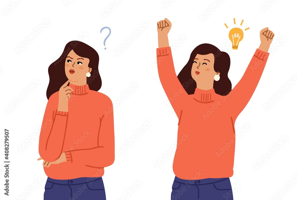 Female find solution. Problem solving, woman good idea. Question and answer concept, thinking ...