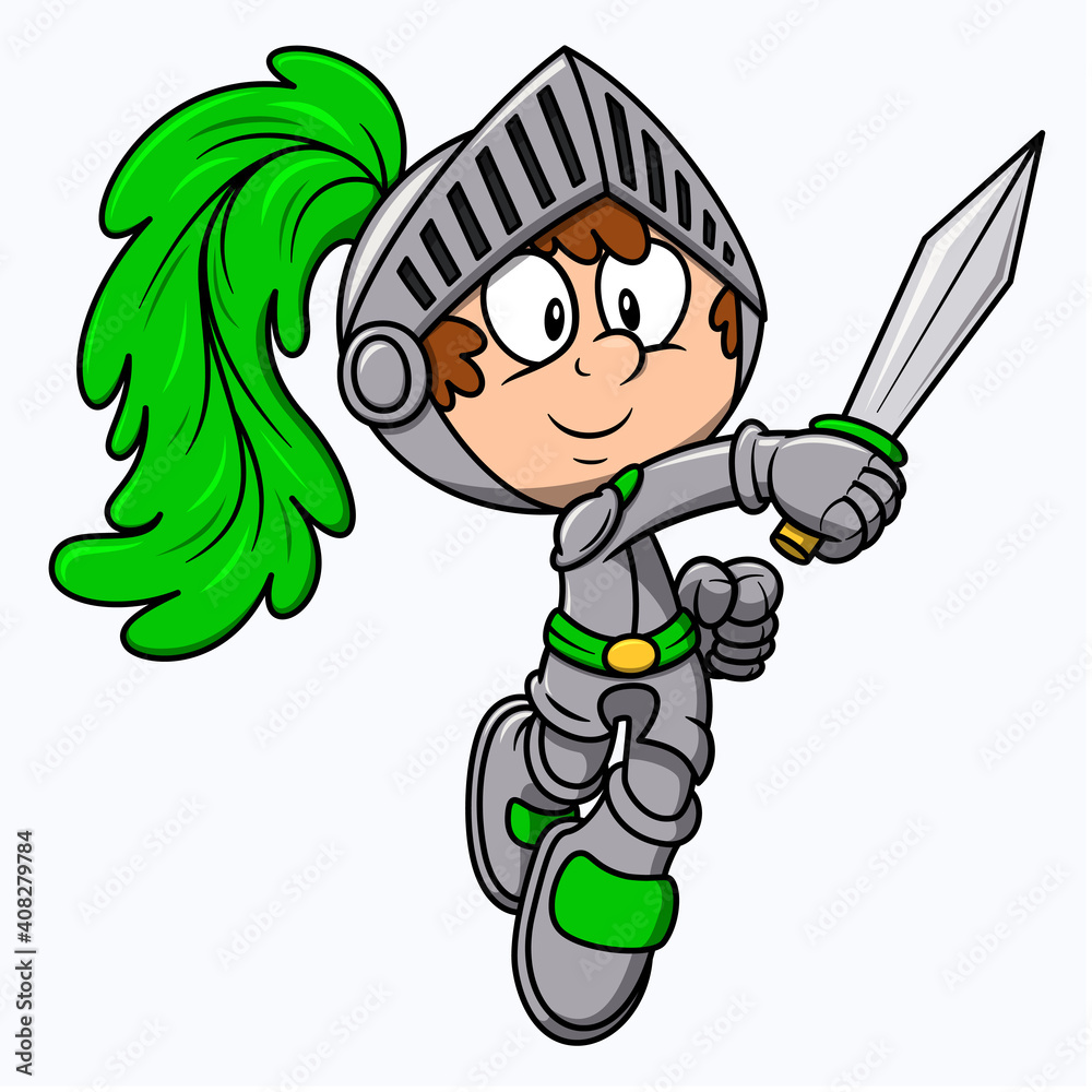 Cartoon knight illustration. Cute kid knight with sword and green ...