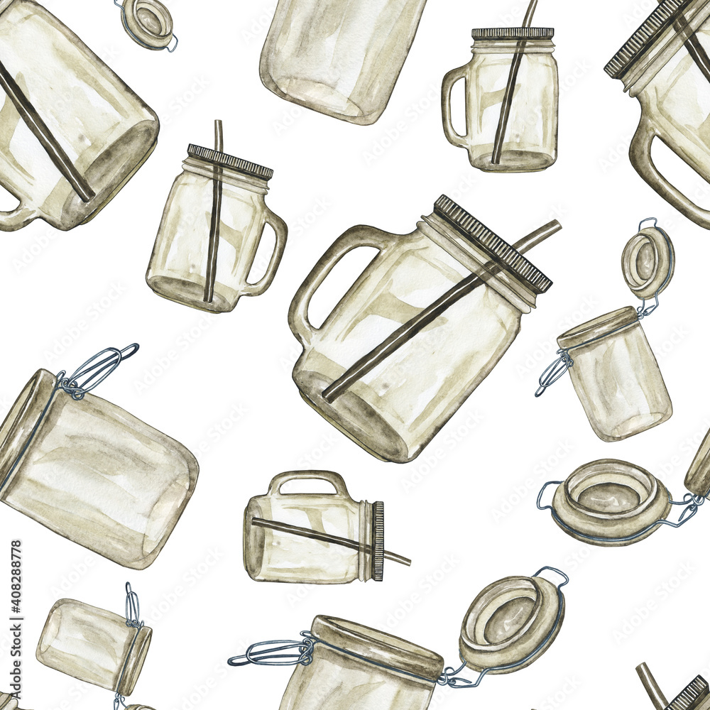 Repeat texture of gray glass mason jar on white background. Watercolor ...