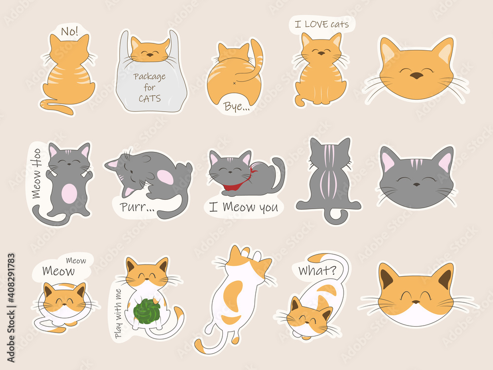 Cat stickers. Cute pet labels with motivation quotes, diverse hand ...