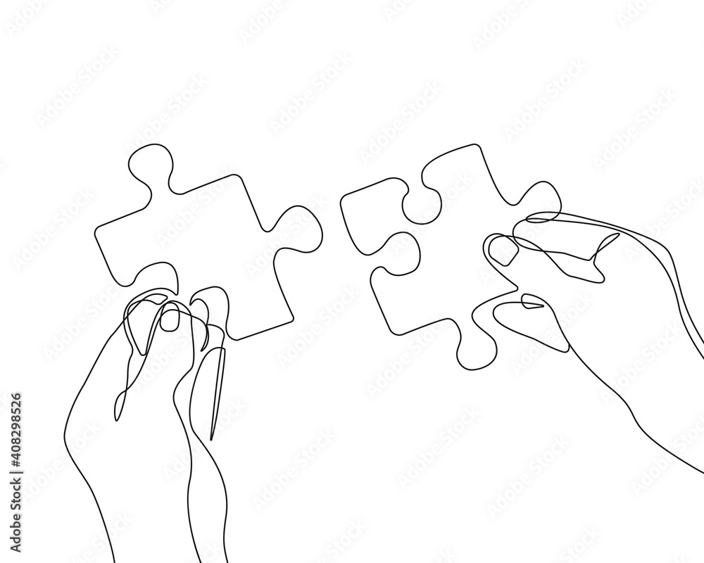 Continuous One Line Drawing of Hands with Puzzle. Modern Trendy Line ...